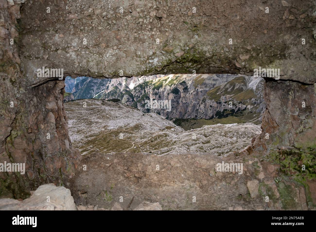 View through an old embrasure in an alpine fortress of the World War I ...