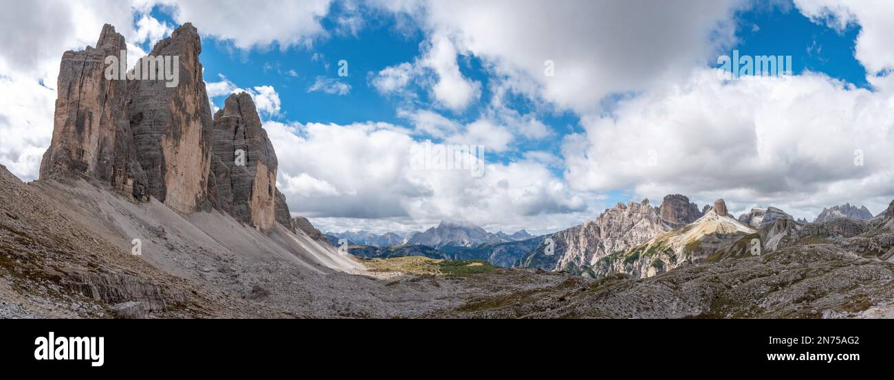 View of the iconic Drei Zinnen mountains in the South Tirolese Dolomite ...