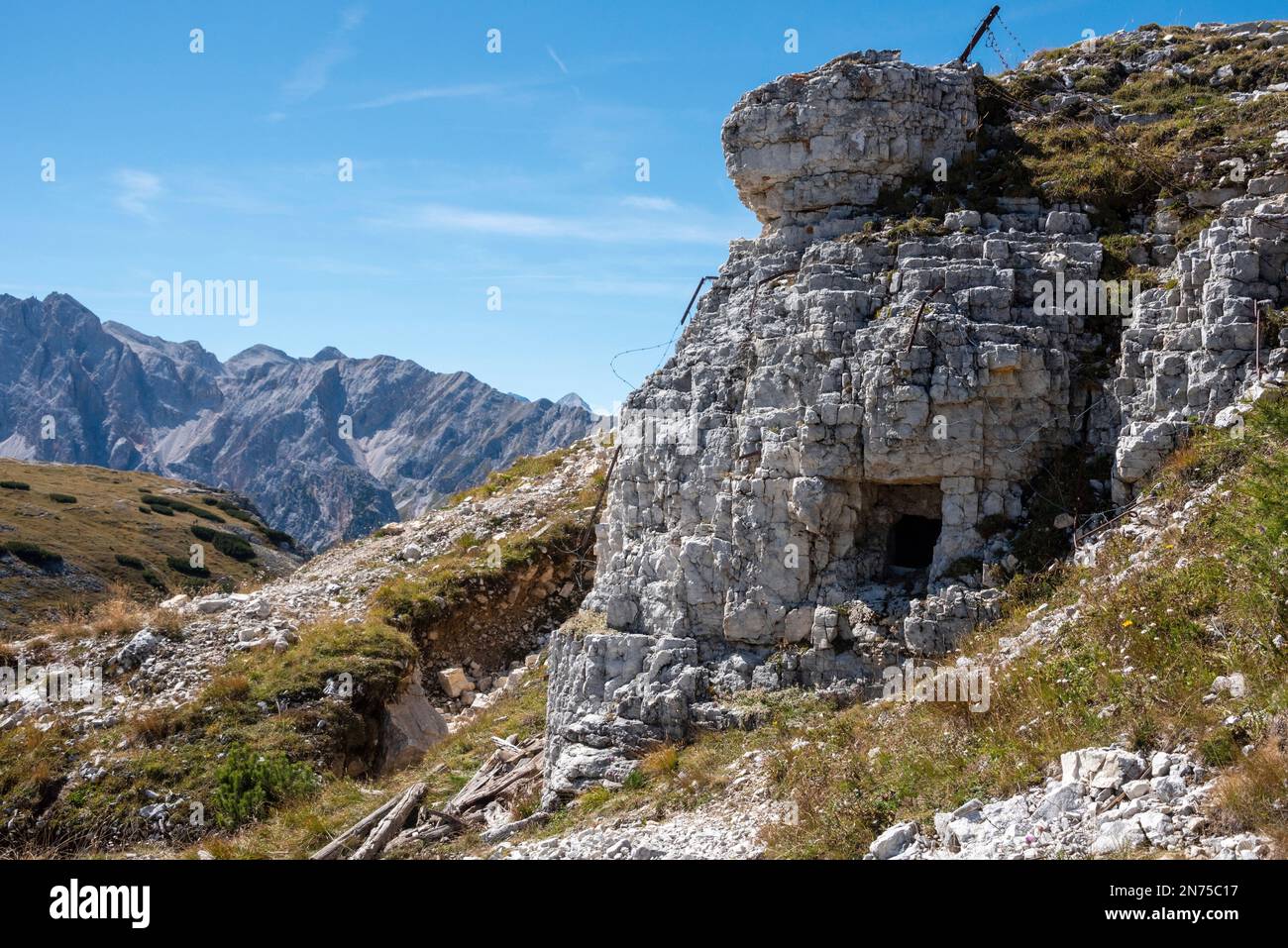 Remains of a military bunker on Mount Piano in the Dolomite Alps, built ...