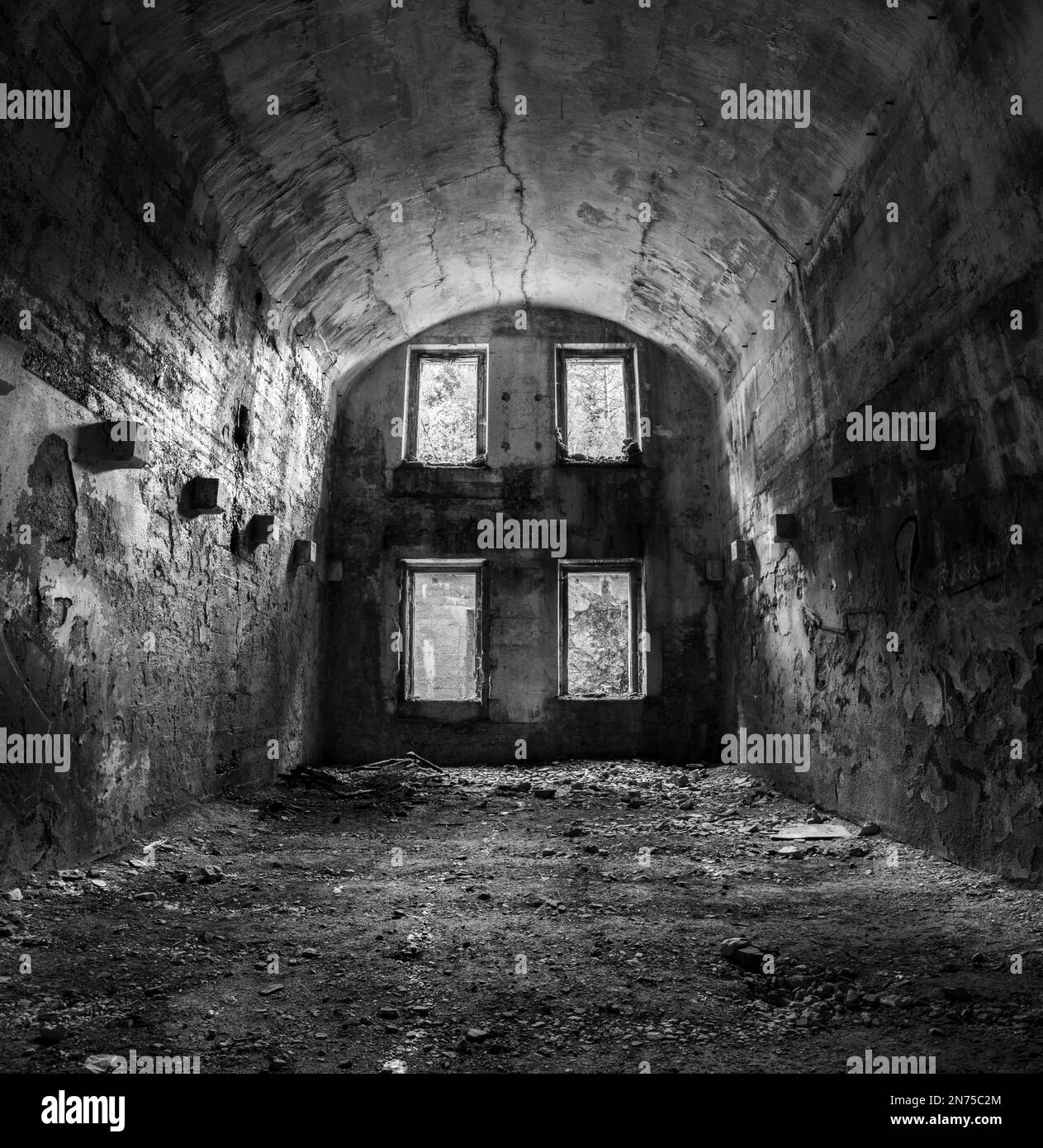 Inside the Austrian fortress Landro in the Dolomite Alps of South Tirol ...