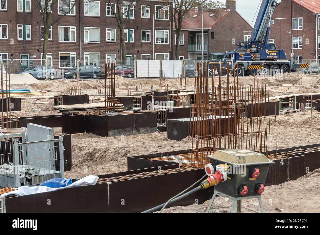 overview of a building site with concrete braid and reinforcing steel ...
