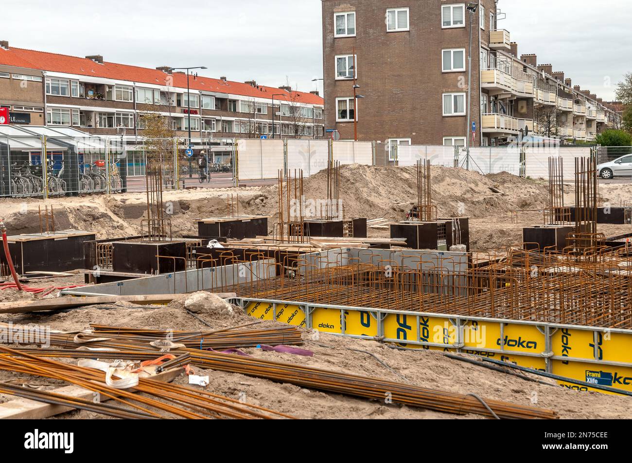 overview of a building site with concrete braid and reinforcing steel ...