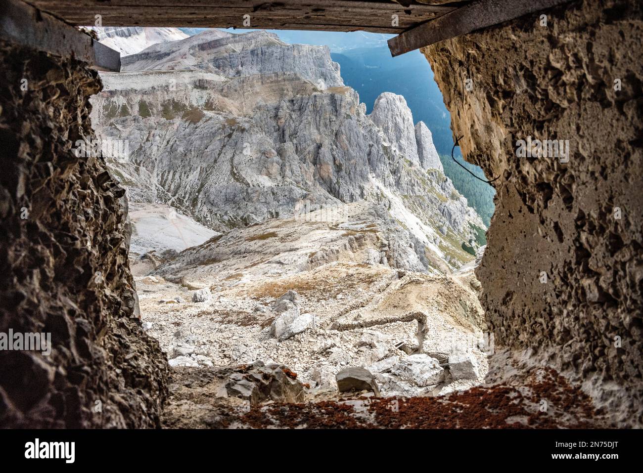 View out of a loophole of the Mount Lagazuoi tunnels, built during the ...