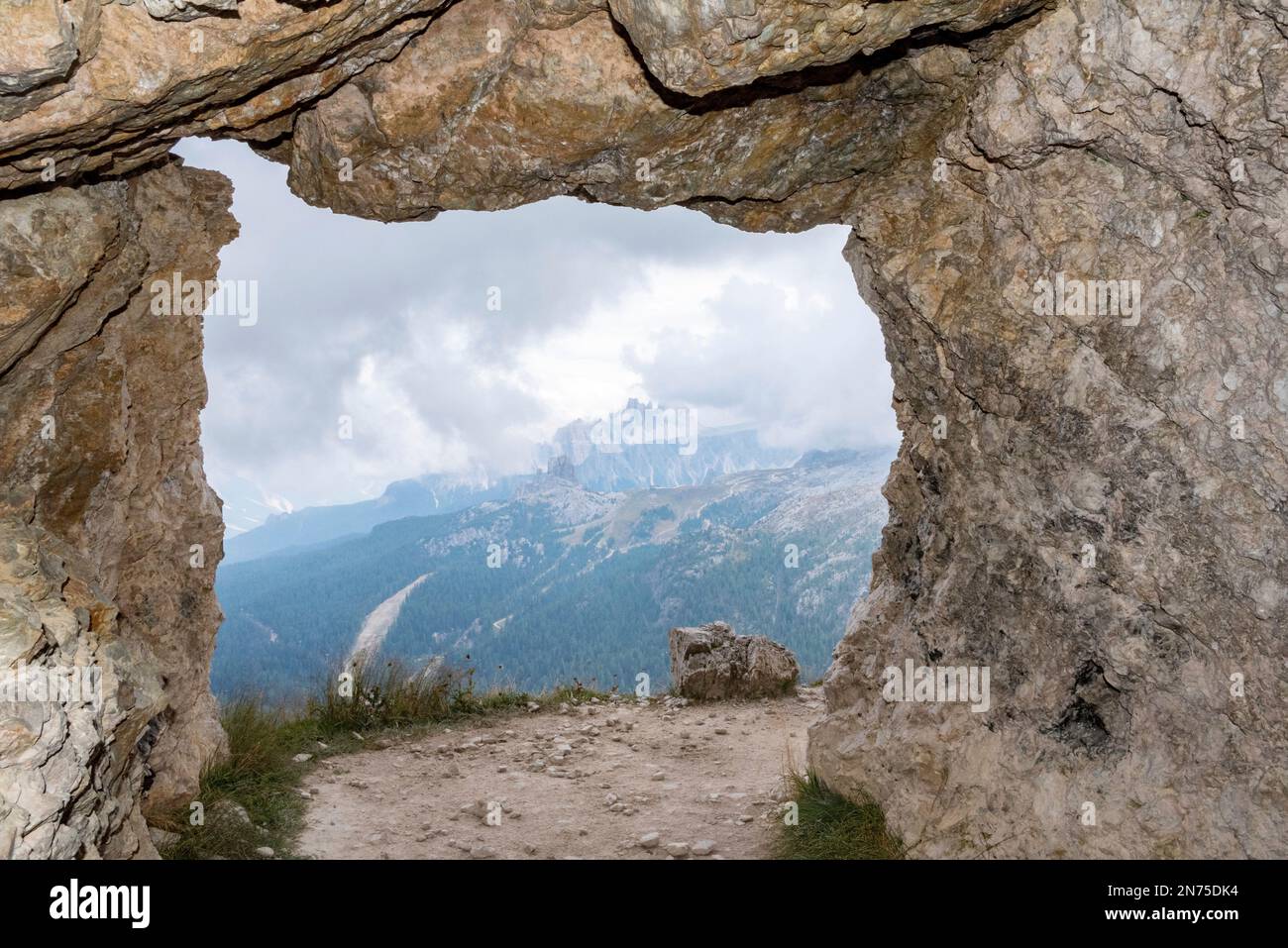 View out of a loophole of the Mount Lagazuoi tunnels, built during the ... View out of a loophole of the Mount Lagazuoi tunnels, built during the ...