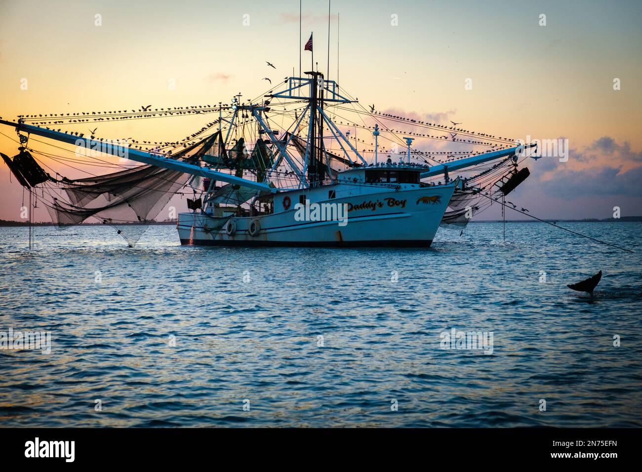 A Shrimp Boat on the water during the sunset near Tyber Island, Georgia ...