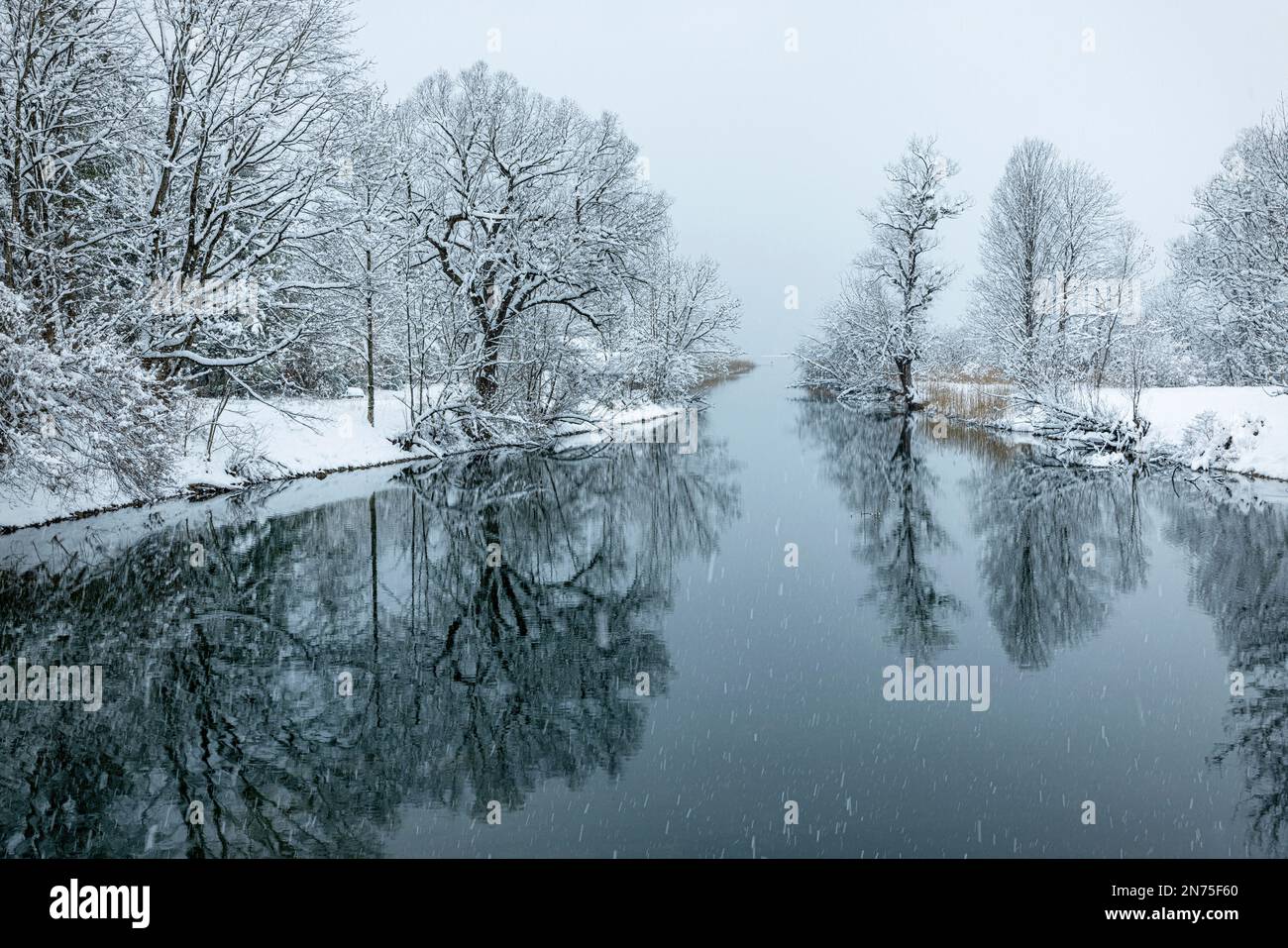 Outflow of Loisach river at Kochelsee in winter. Kochel, Bavaria ...
