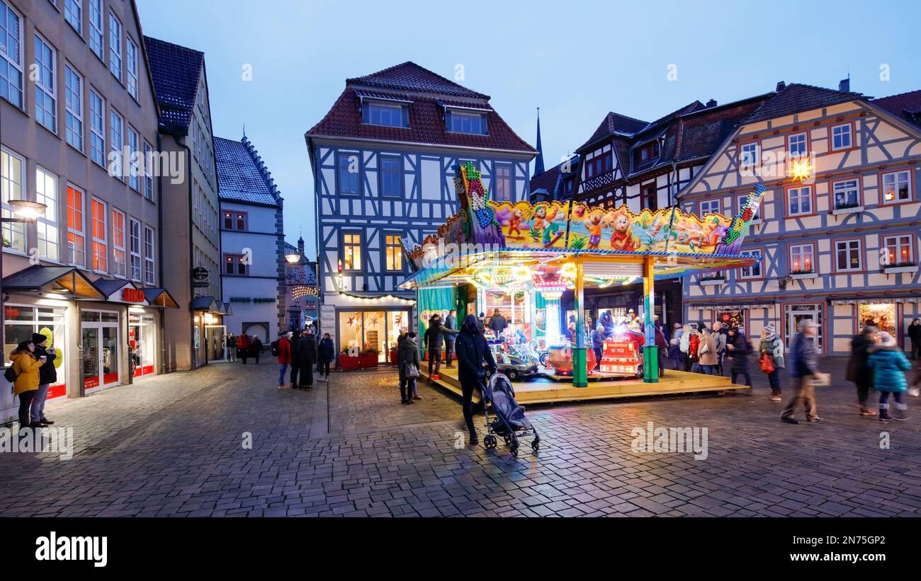 Christmas market, carousel, half-timbered, advent, blue hour, half ...