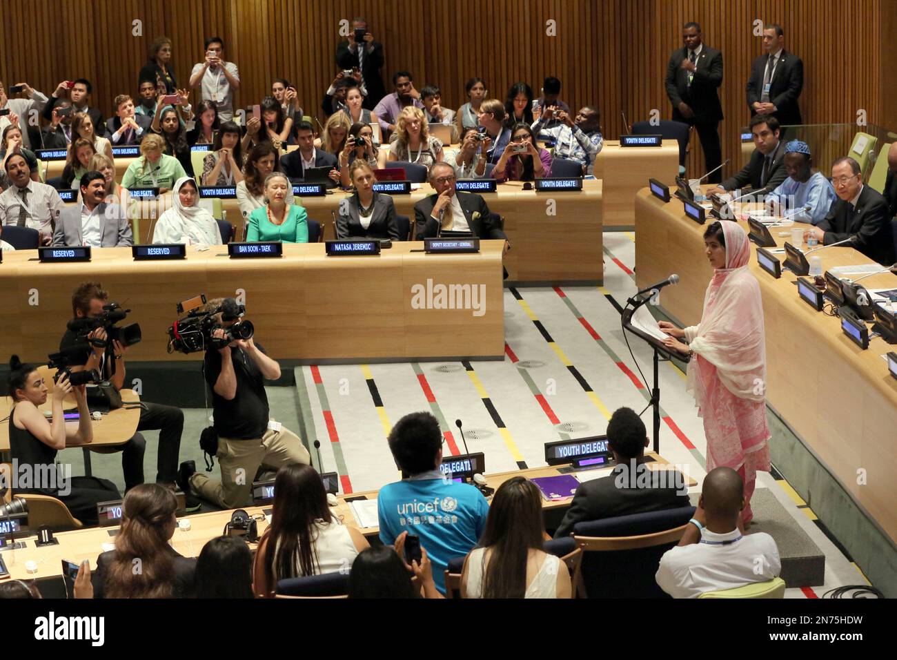 Malala Yousafzai, right, addresses the ‘Malala Day’ Youth Assembly ...