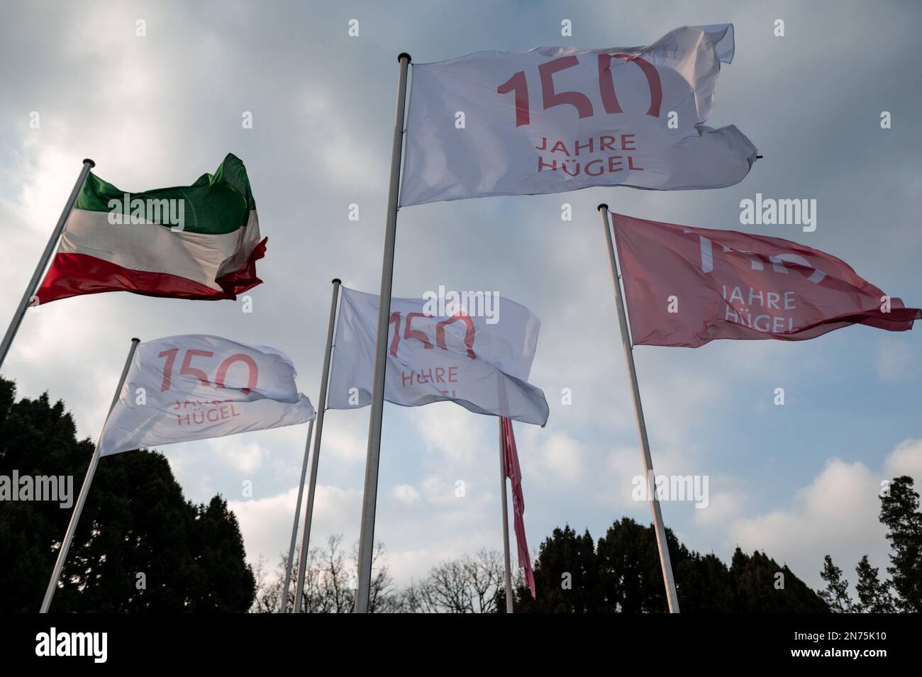 Essen, Germany. 10th Feb, 2023. Flags in front of the villa read "150 ...
