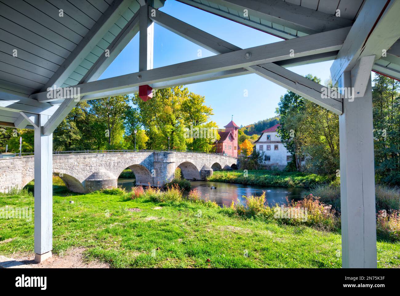 Werra stone arch bridge, arch bridge, river Werra, autumn, Belrieth ...