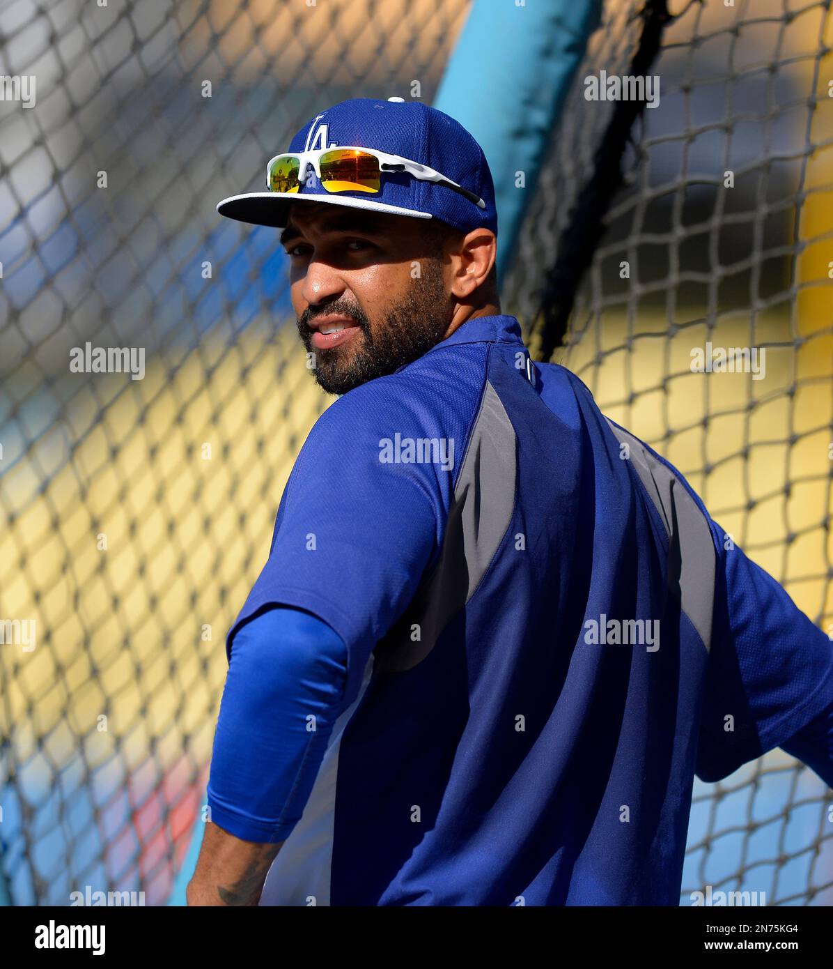 Los Angeles Dodgers' Matt Kemp looks on during batting practice prior ...