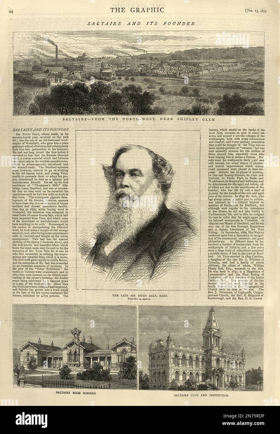 Vintage illustration Saltaire and its founder Sir Titus Salt, West ...