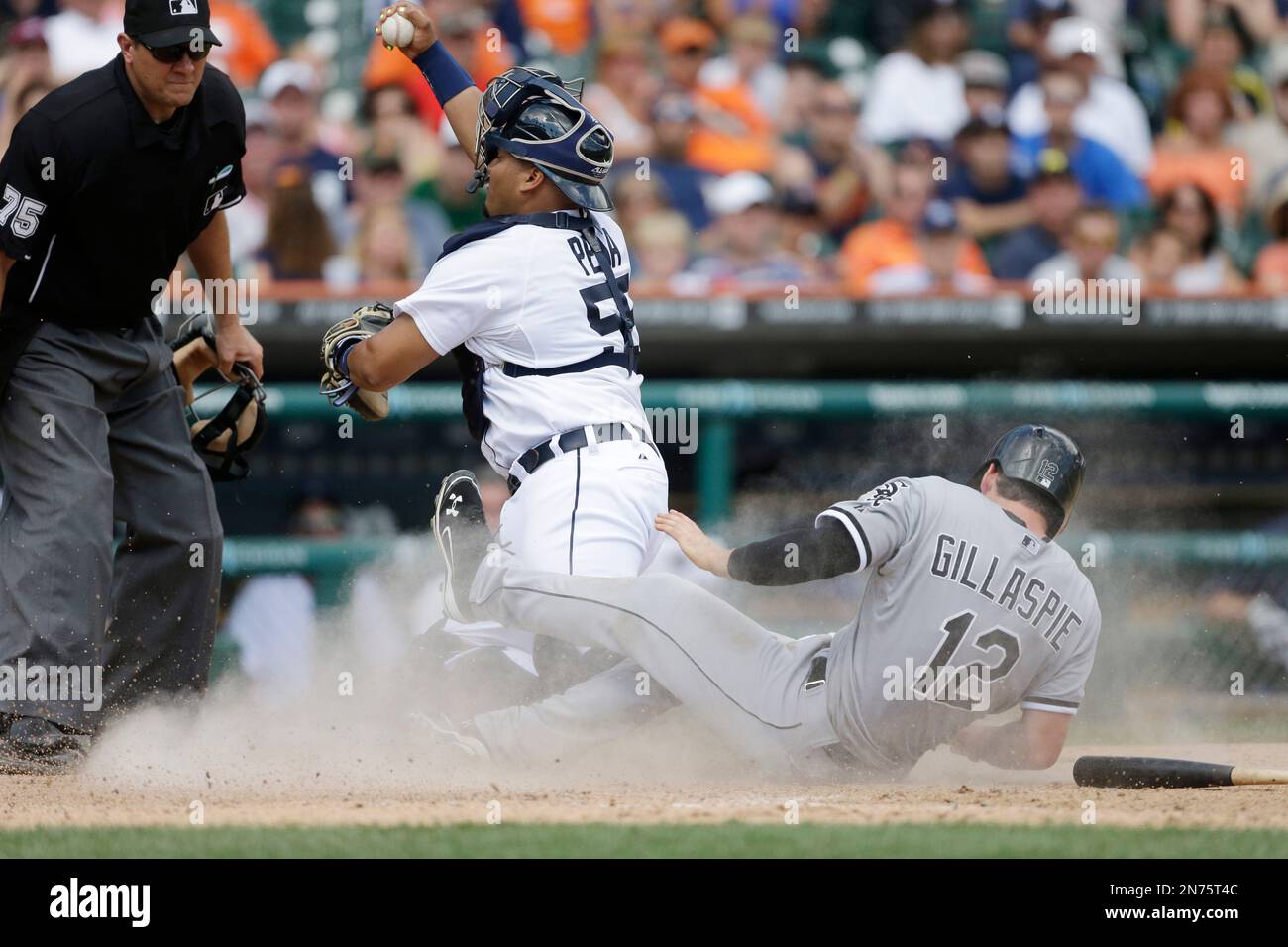 Detroit Tigers catcher Brayan Pena shows home plate umpire Chad ...