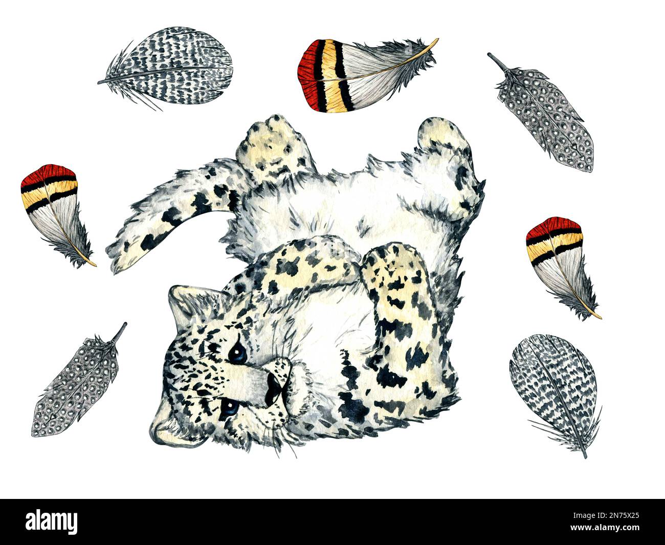 Watercolor wild forest animals: snow leopard in feathers. Nature ...