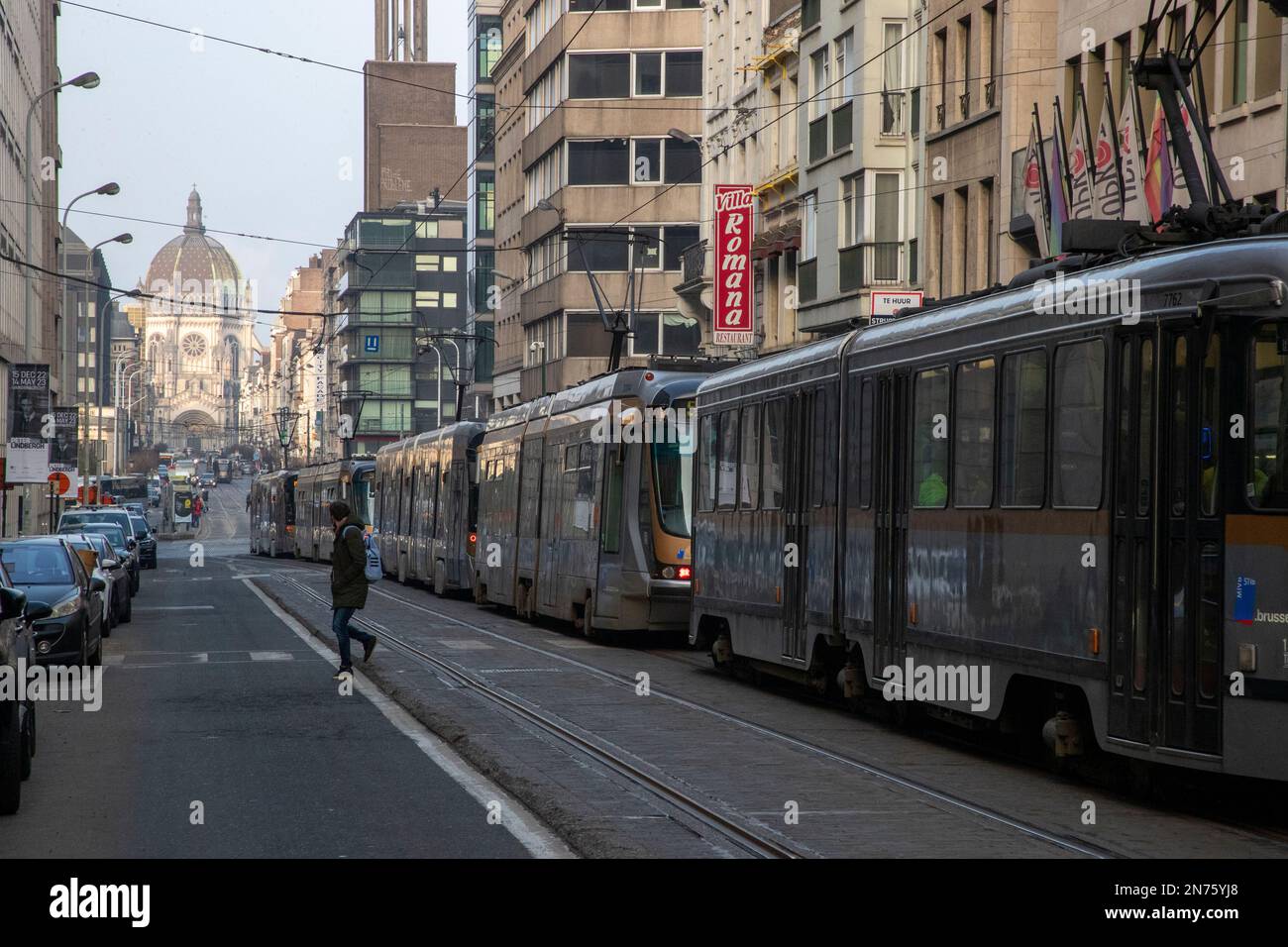 Illustration picture shows a line of trams of the MIVB - STIB Brussels ...