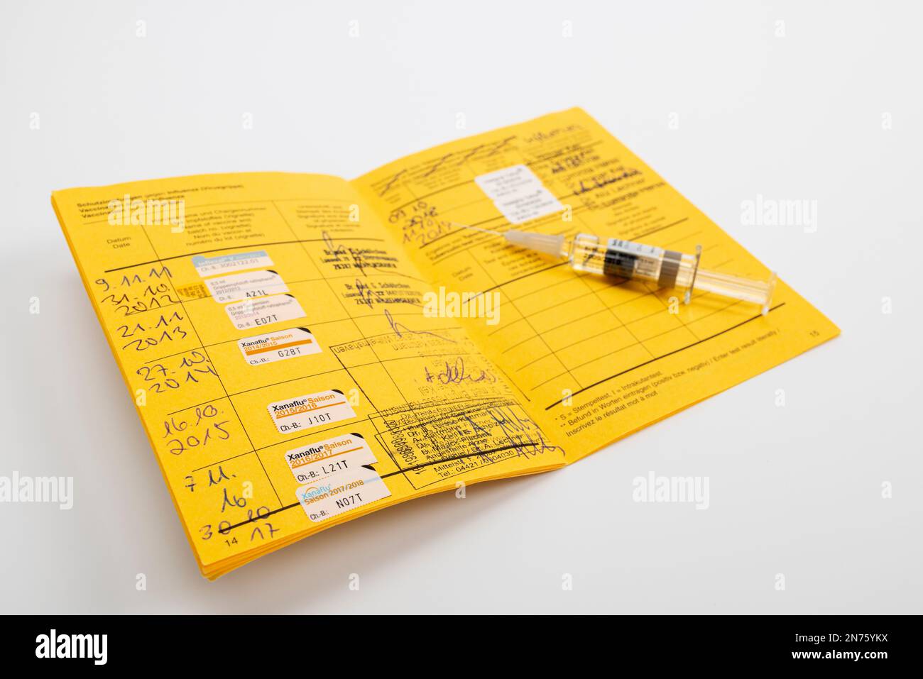 Vaccination card opened with entries of flu vaccinations, influenza ...