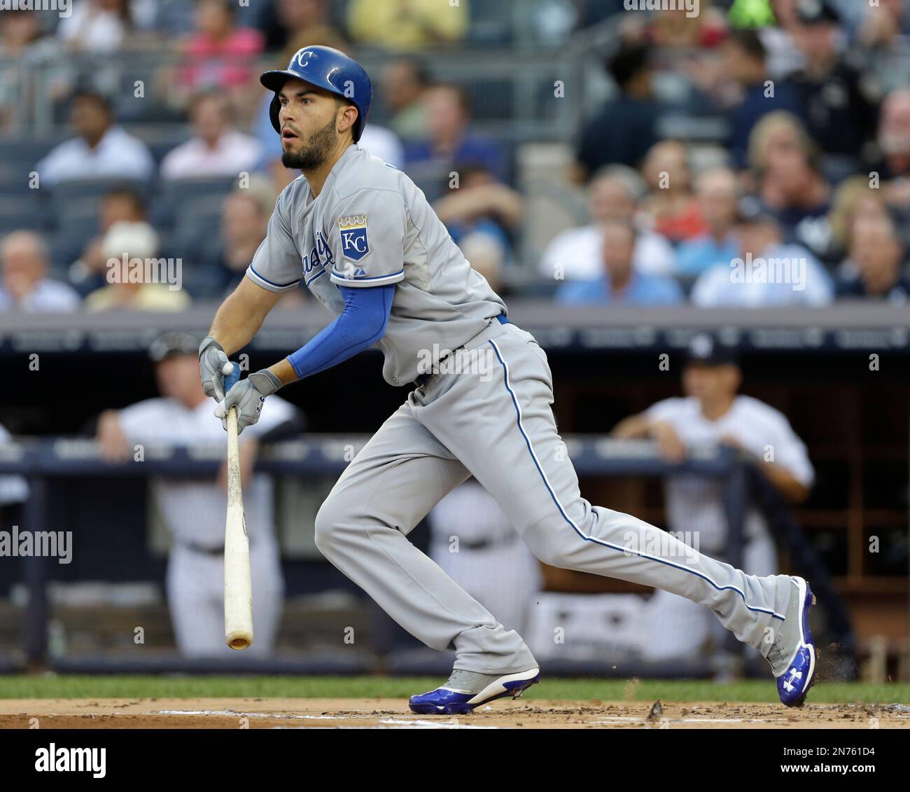 Kansas City Royals Eric Hosmer hits a first inning single in a baseball ...