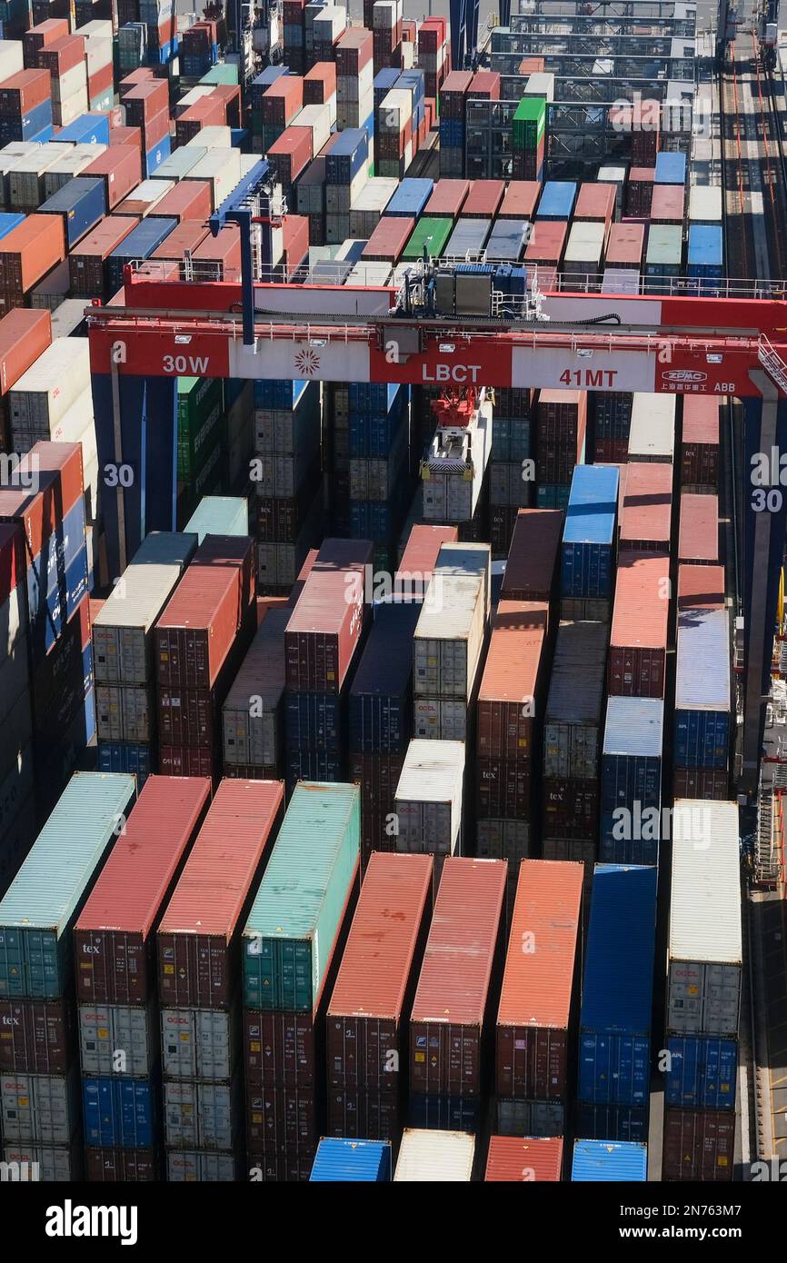Los Angeles, California, USA. 9th Feb, 2023. Stacked shipping containers wait to move by ...