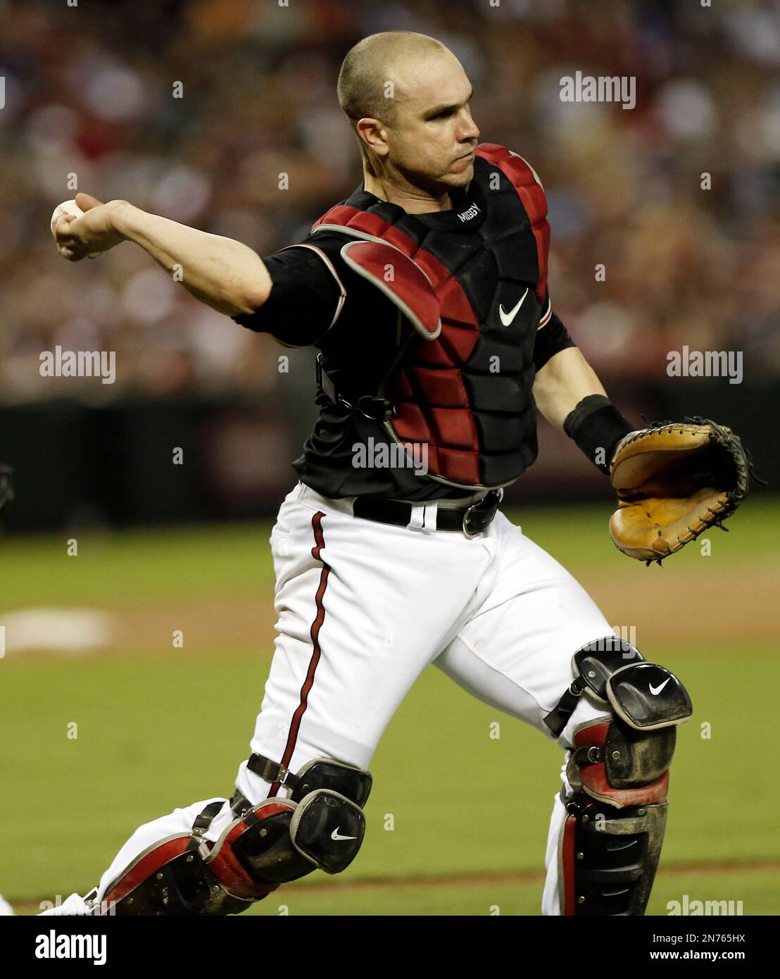 Arizona Diamondbacks catcher Miguel Montero throw against the Los ...