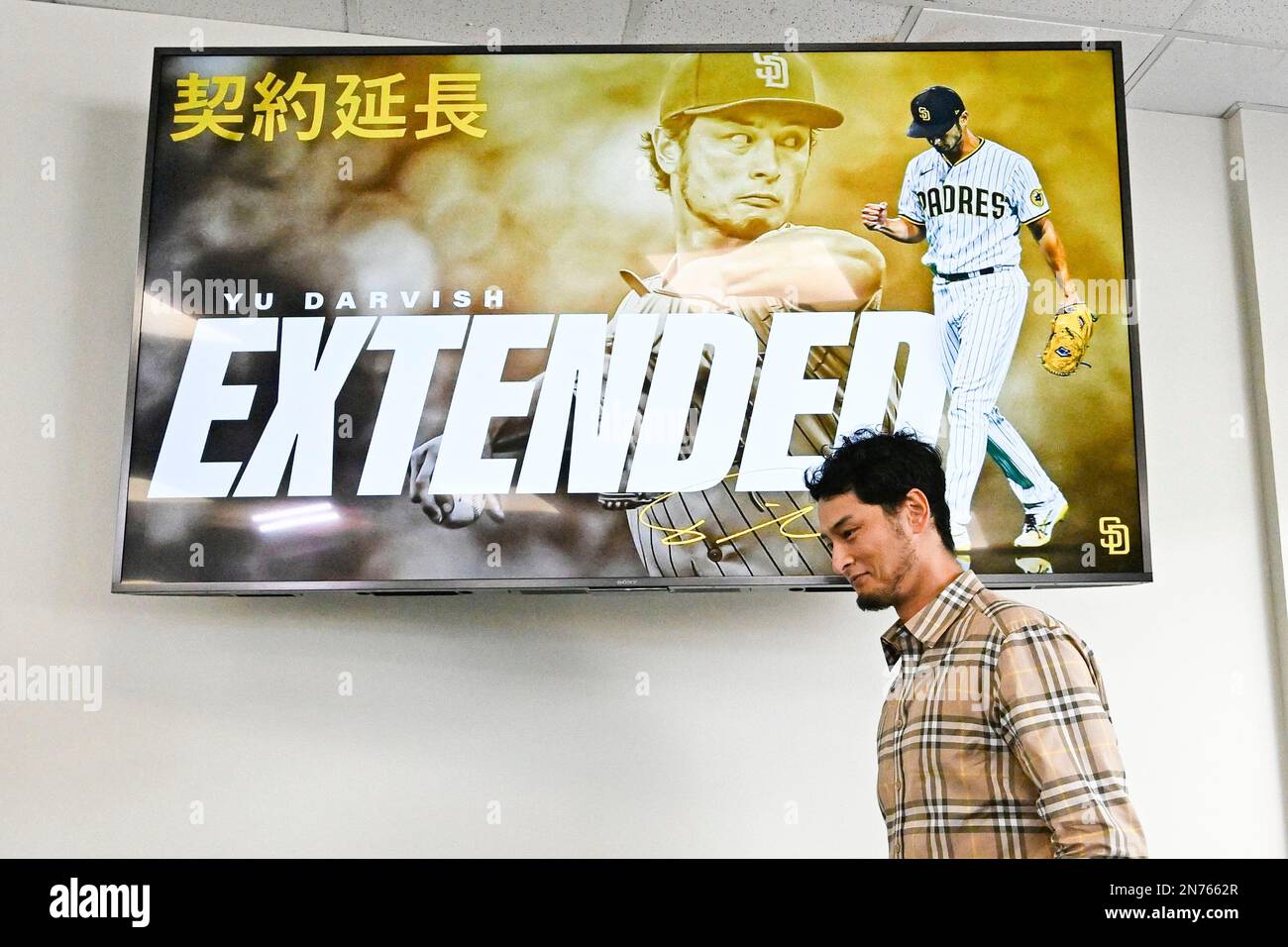 San Diego Padres pitcher Yu Darvish arrives at a news conference held ...