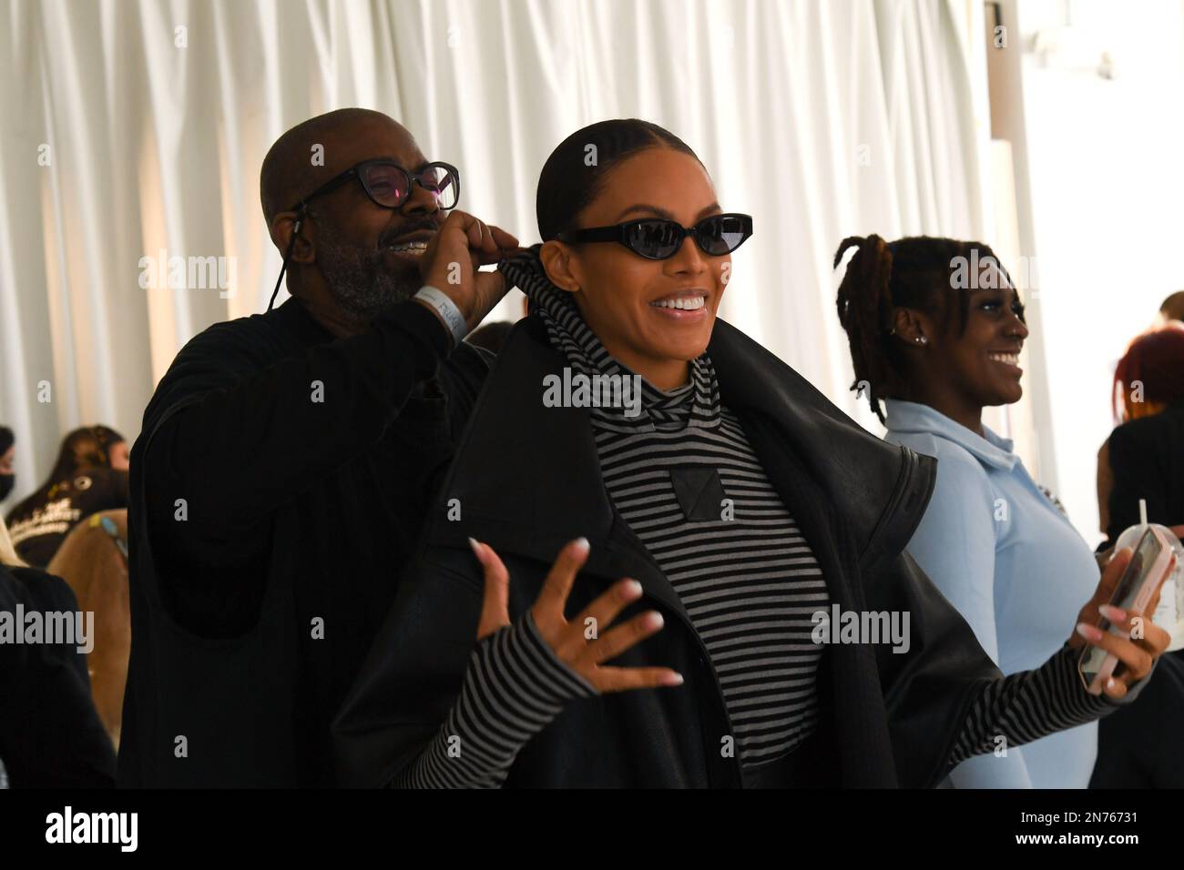New York, USA. 10th Feb, 2023. Designer Aaron Potts prepares a model ...