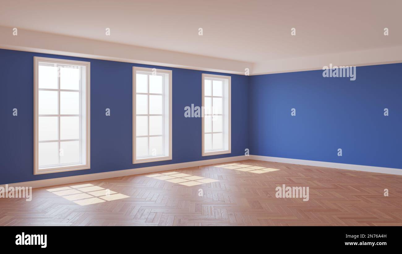 Sunny Interior with Dark Blue Walls, Three Large Windows, White Ceiling ...