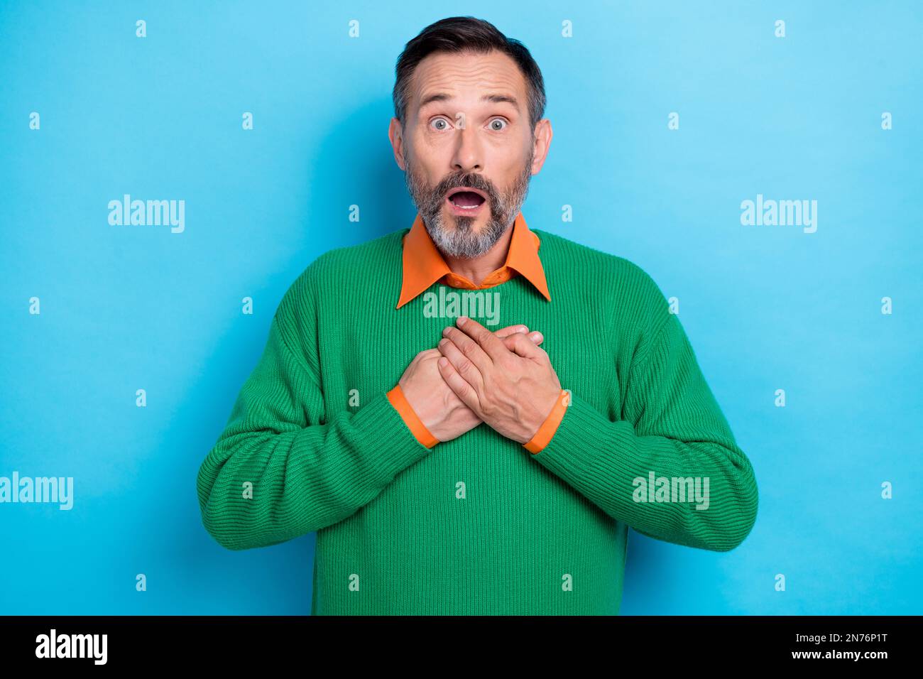 Photo of mature aged funny reaction open mouth surprised shock man ...