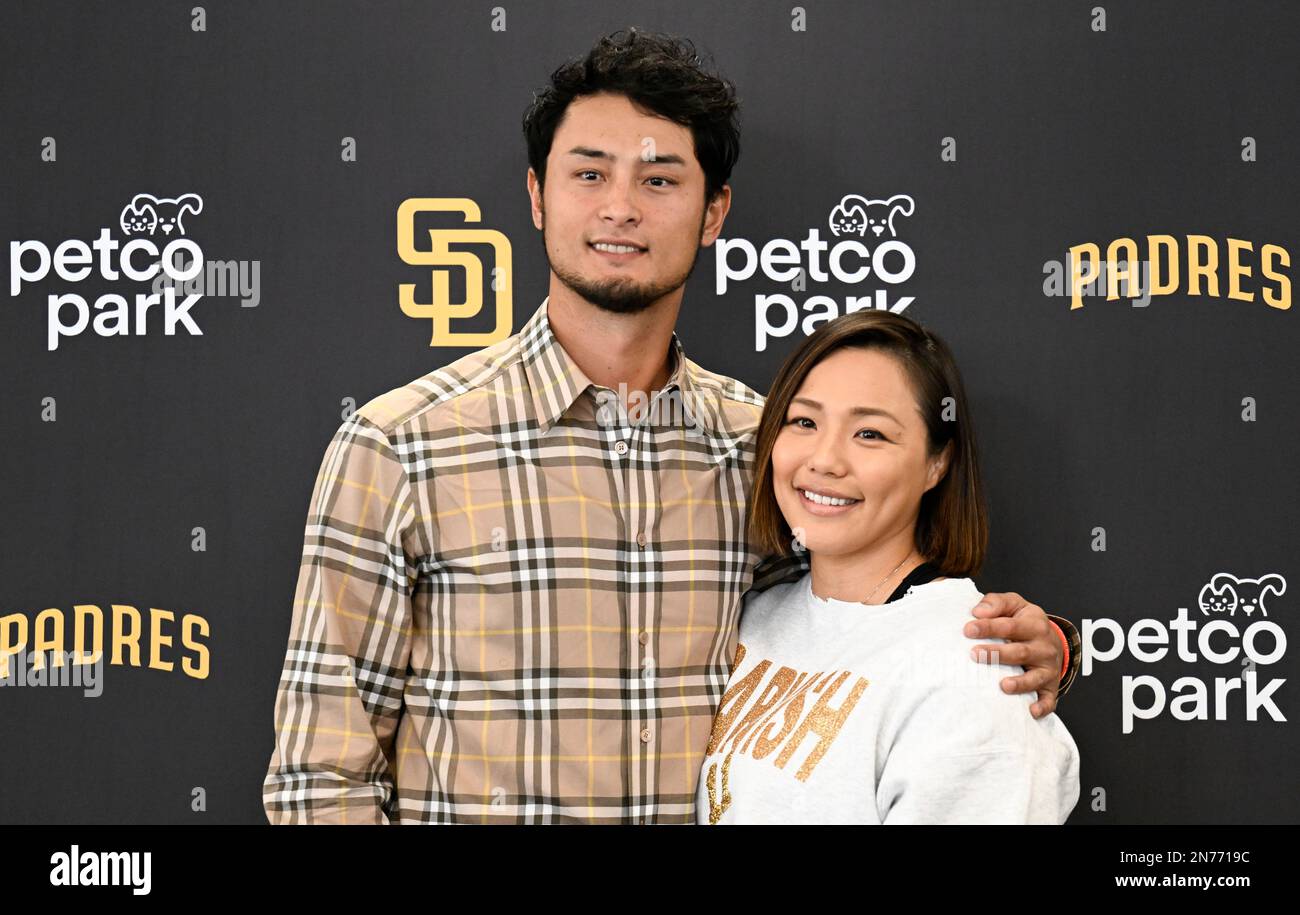 San Diego Padres' Yu Darvish, left, poses for a photo with his wife ...