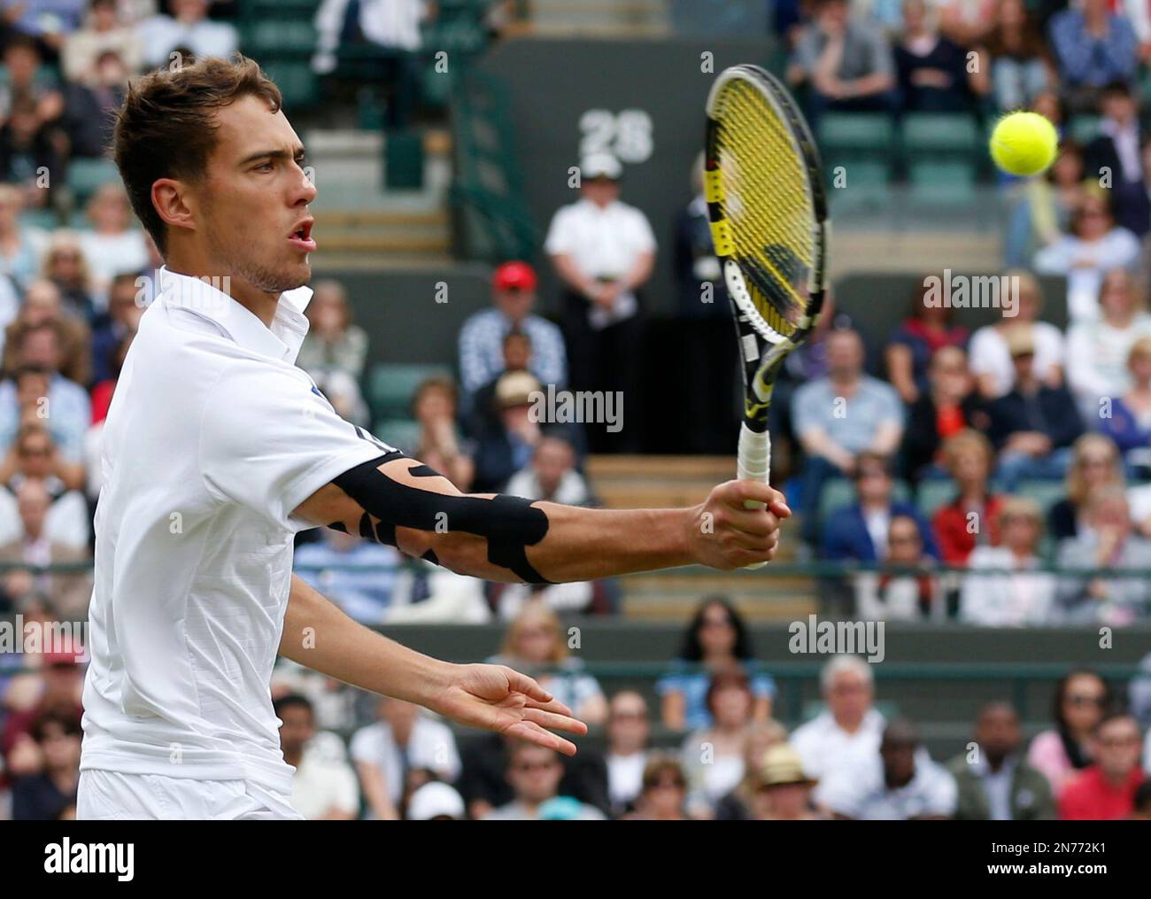 Jerzy Janowicz of Poland plays a return to Lukasz Kubot of Poland ...