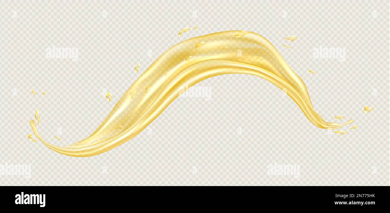 Oil splash, realistic orange or lemon juice wave, yellow liquid swirl ...