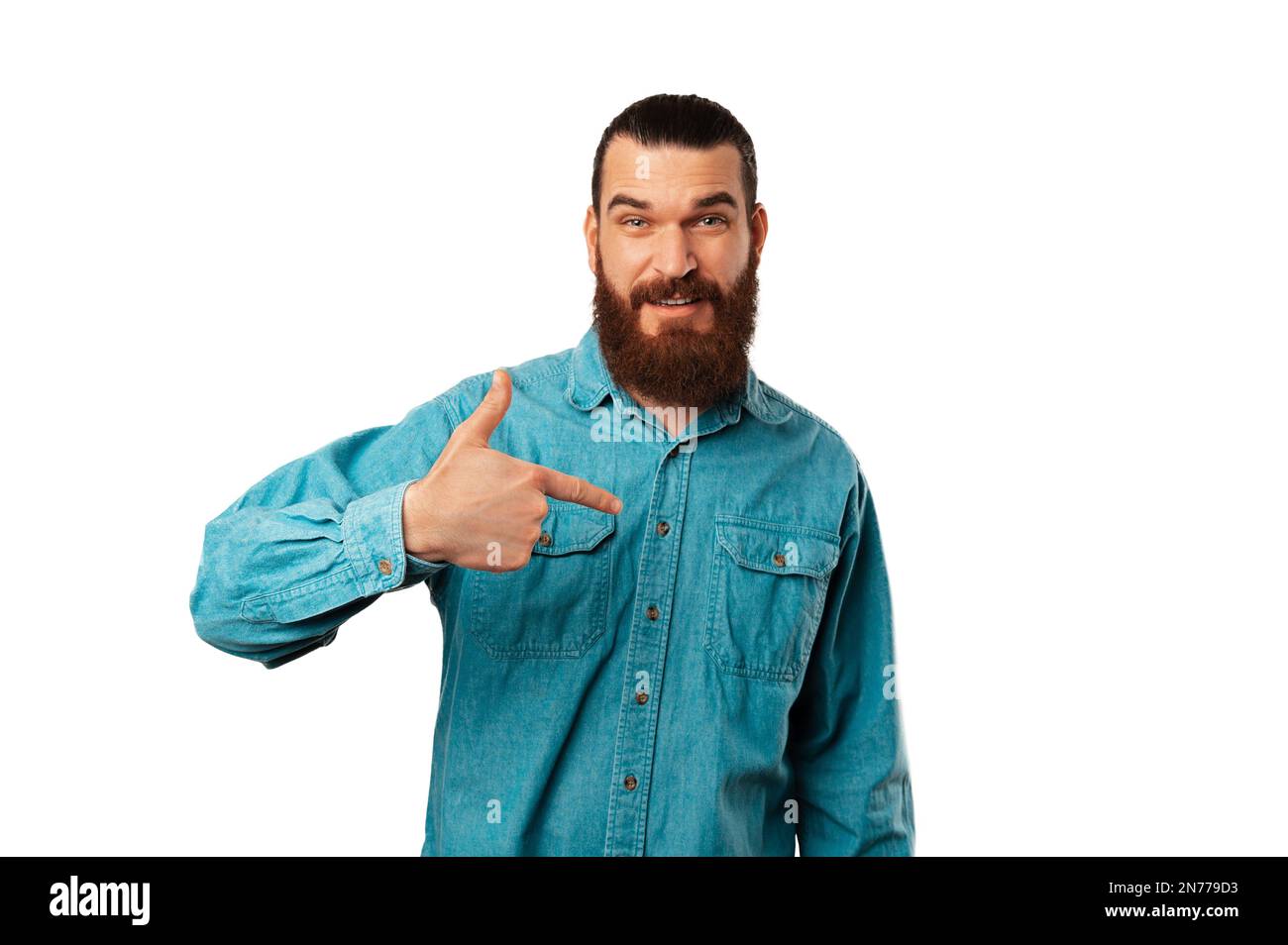 Bearded man is pointing at himself and asking if you were looking for ...