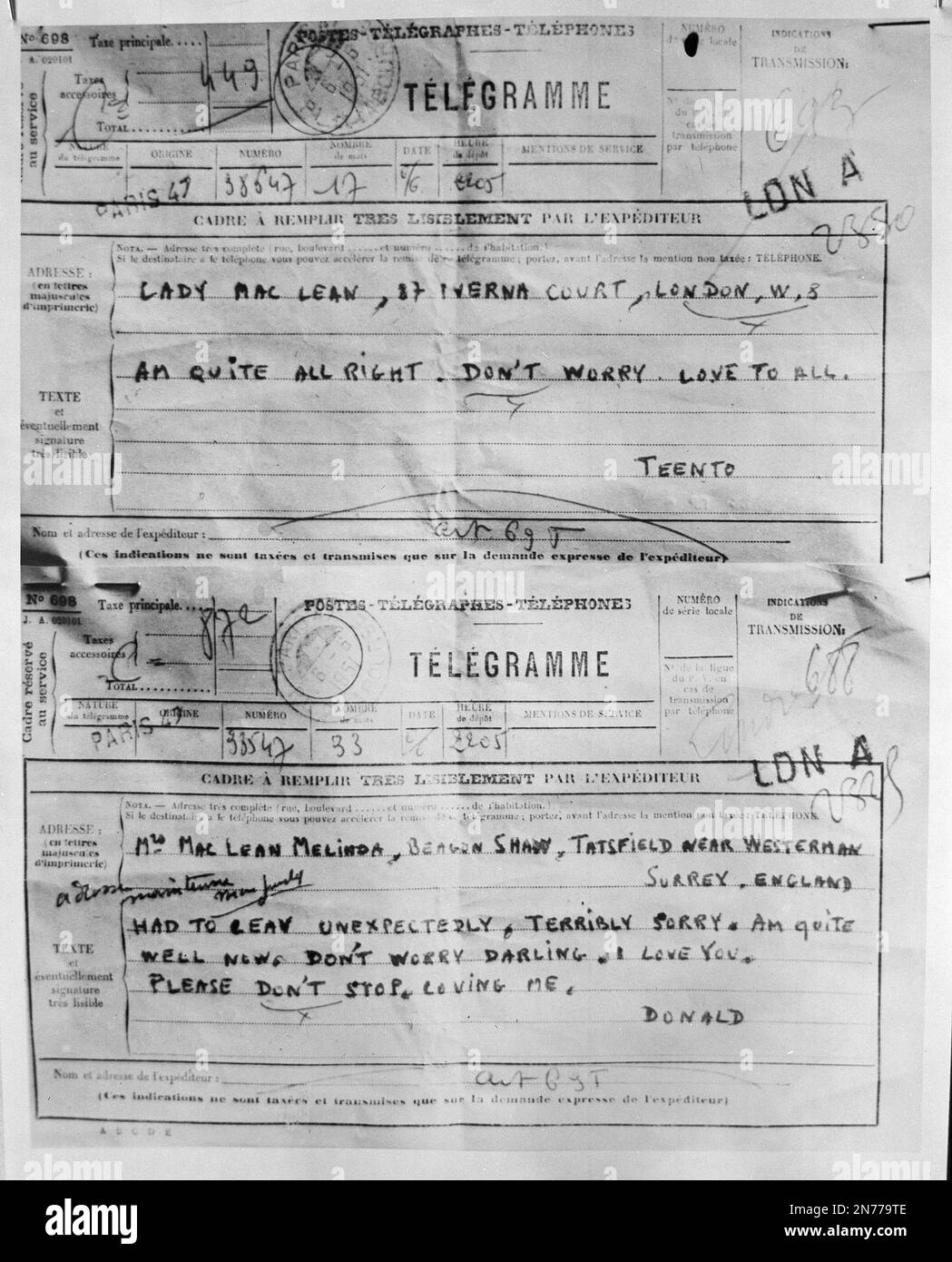 A copy of a Photostat made by the French police of the two telegrams ...