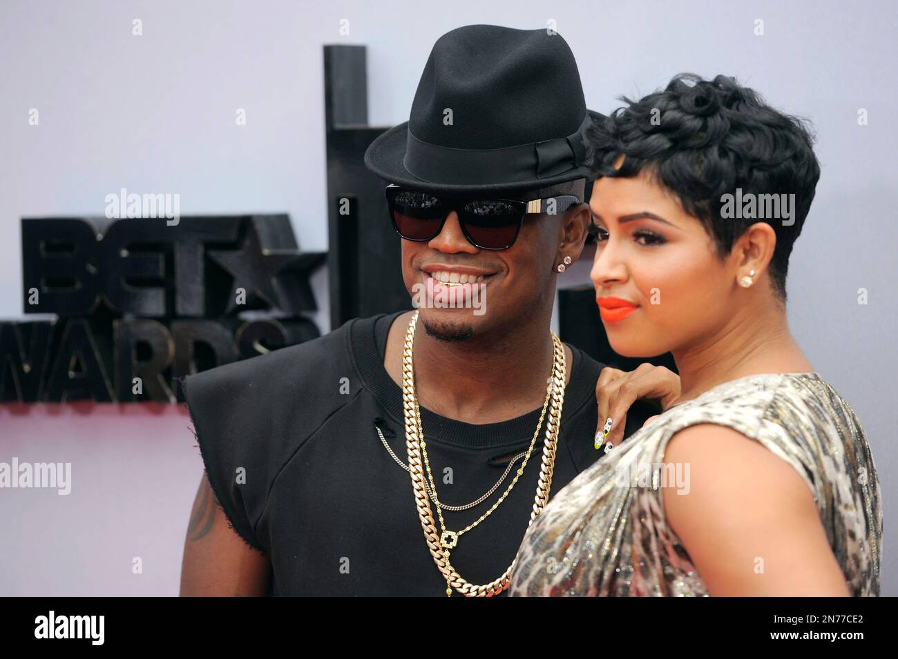 Ne-Yo, left, and Monyetta Shaw arrive at the BET Awards at the Nokia ...