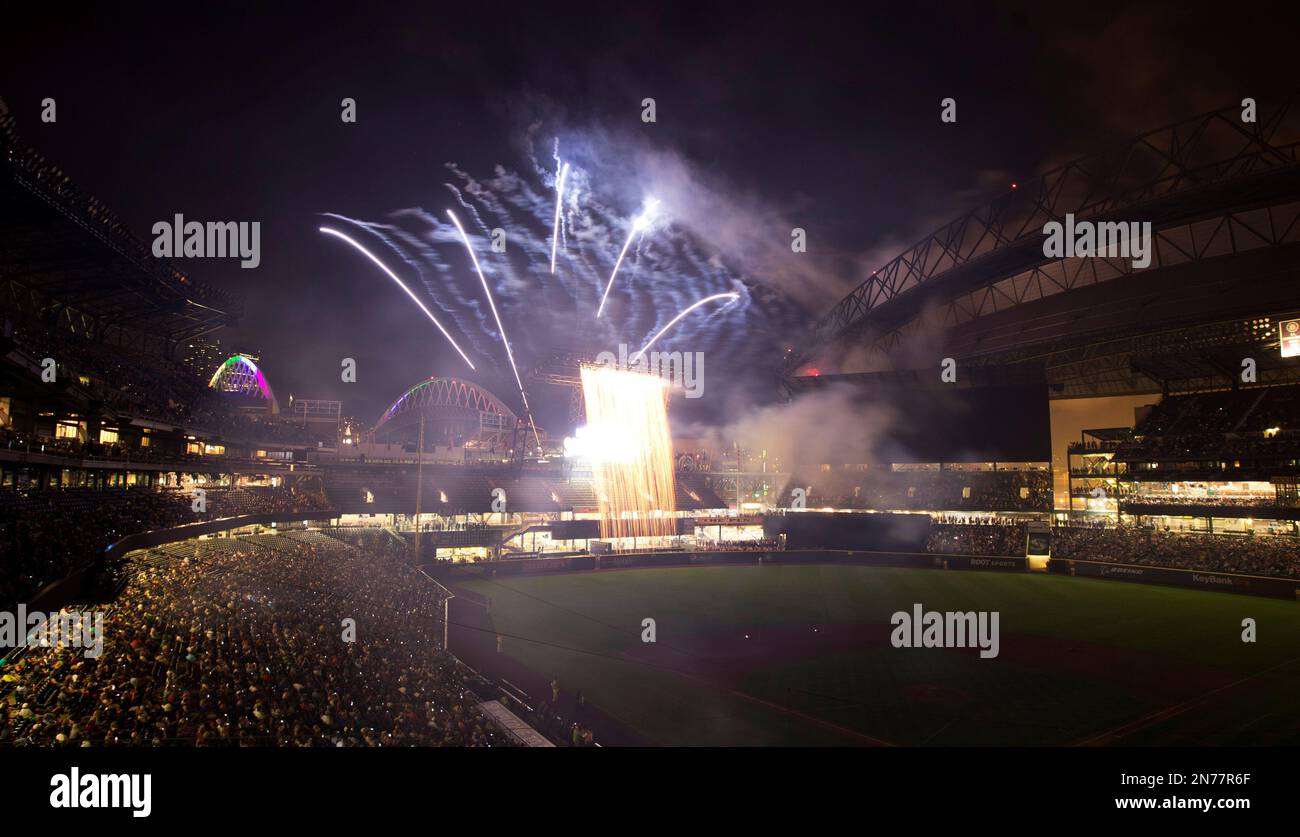 Fireworks go off above Safeco Field in Seattle, Friday, June 28, 2013 ...
