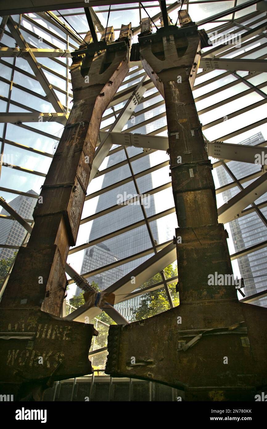 Perimeter box columns from the World Trade Center (WTC) is installed in ...