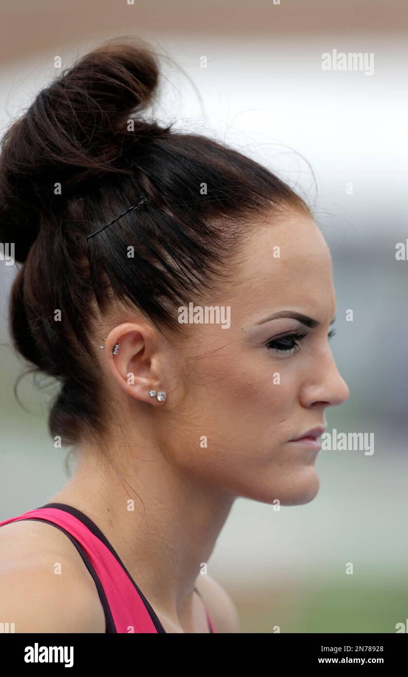 Georganne Moline looks on before the start of the senior women's 400 ...