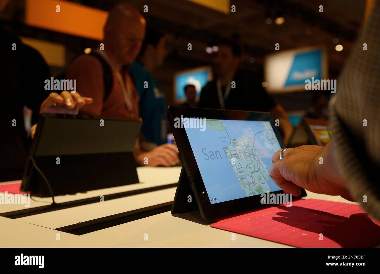 Microsoft Surface Pro tablets are seen at a demo table at a Microsoft ...