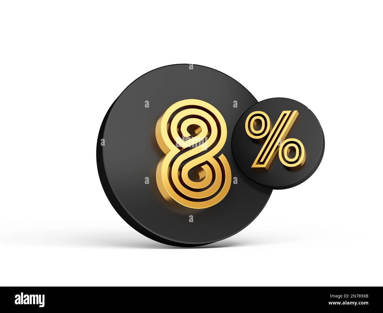 The gold number 8 and percent sing on black circles isolated on a white ...