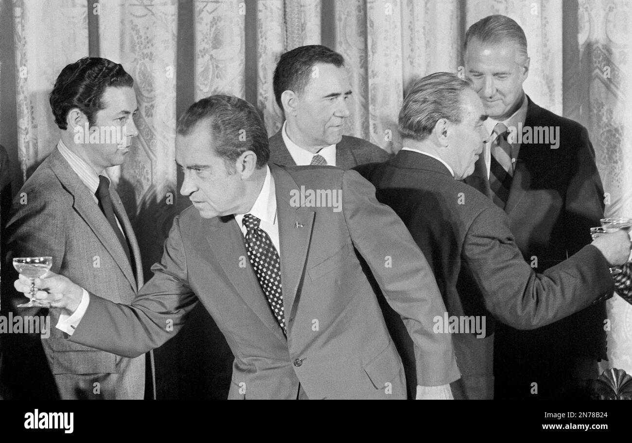 President Richard Nixon and Soviet leader Leonid I. Brezhnev are shown ...