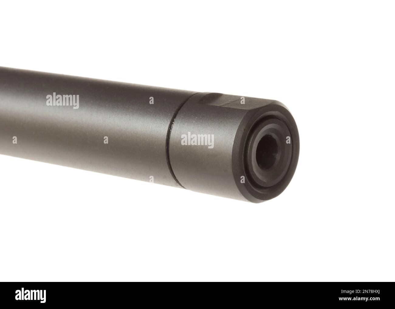 Muzzle end of a rifle barrel with a thread protector on isolated on ...