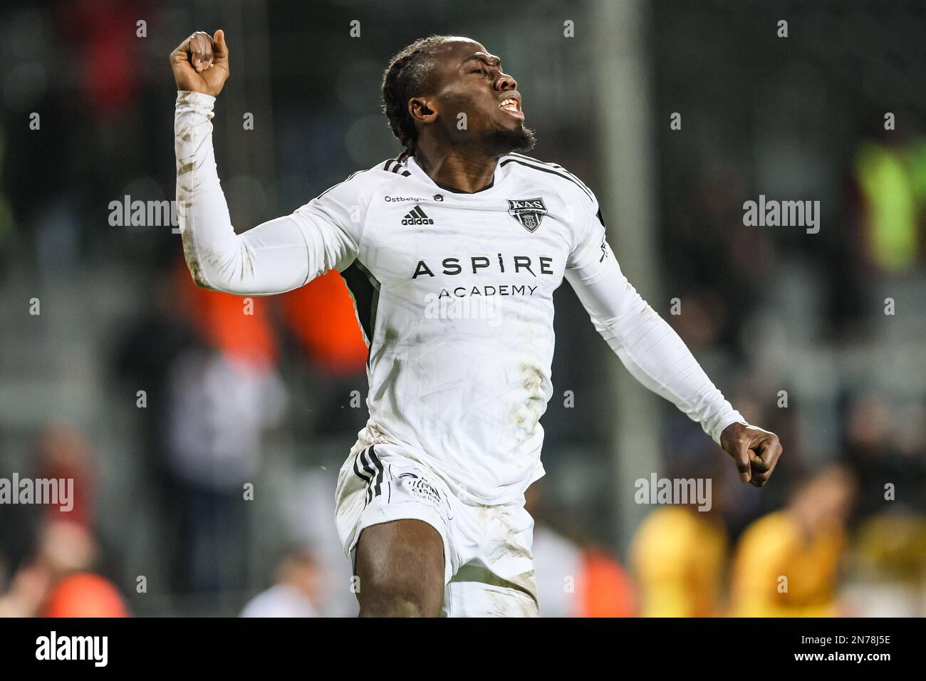 Eupen's Konan Ignace N'Dri celebrates after scoring during a soccer ...