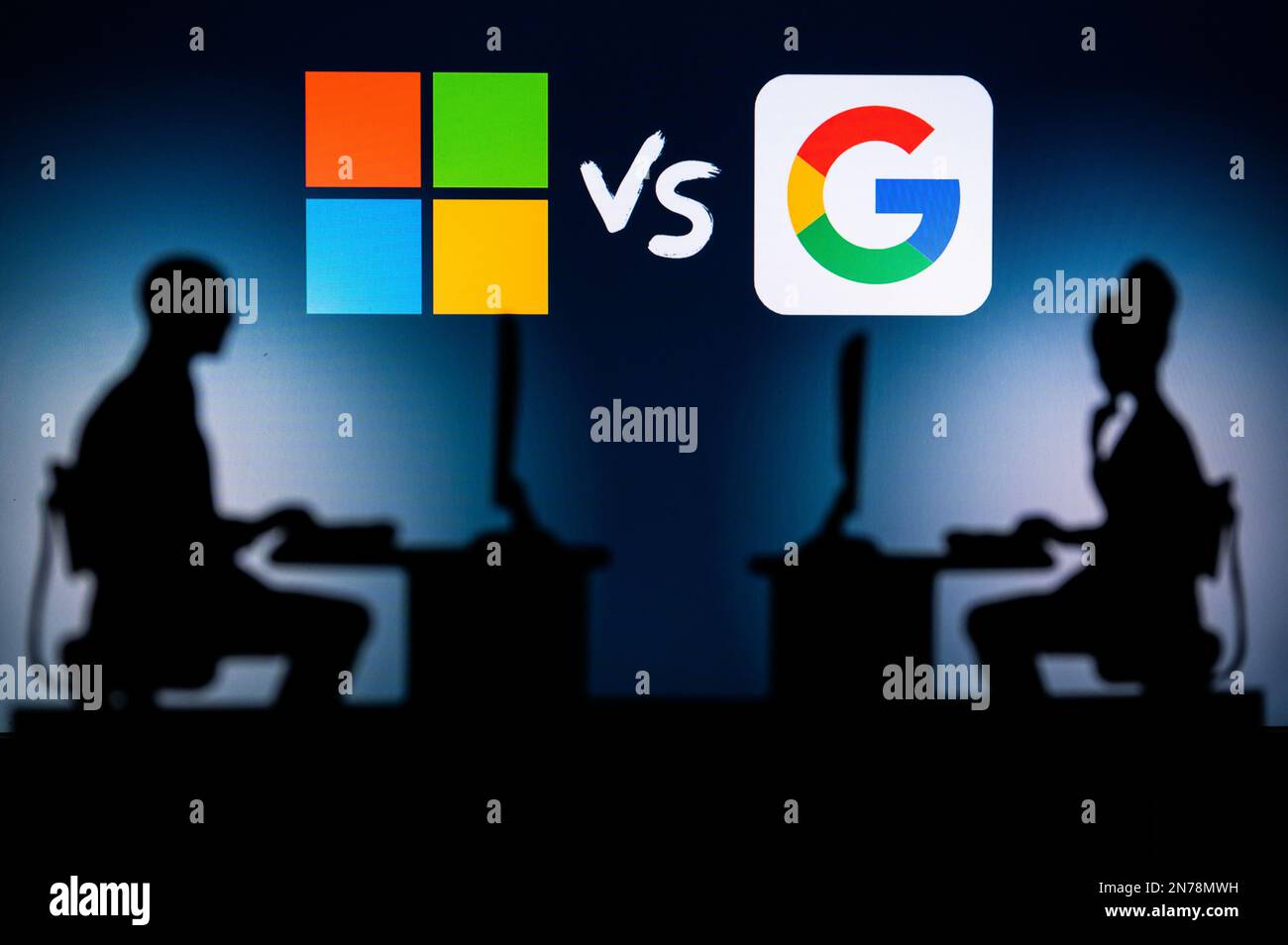 USA, NEW YORK CITY, JANUARY 30, 2023: Microsoft vs Google. Pushing ...