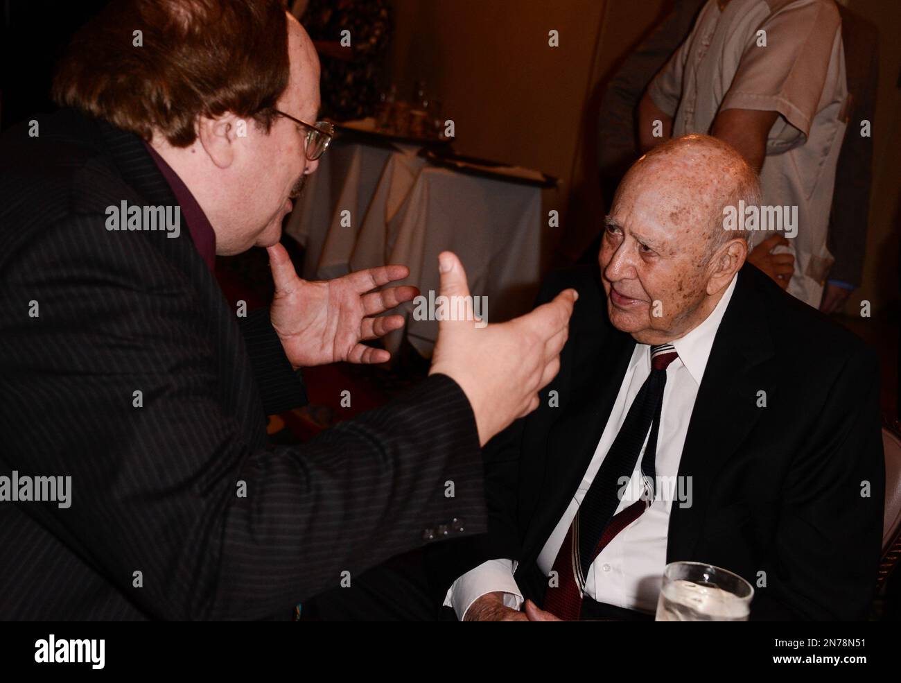 Journalist Alex Ben Block, left, speaks with actor Carl Reiner at the ...
