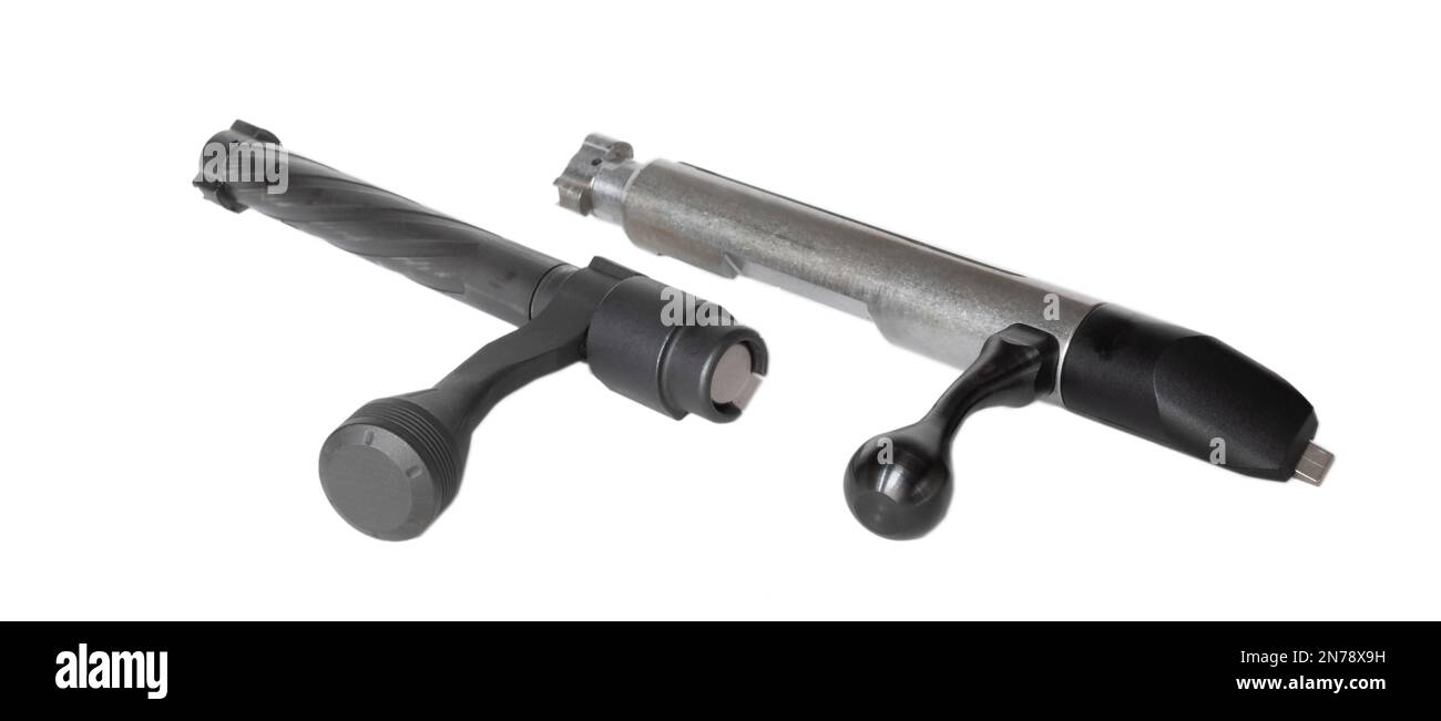 Pair of very different bolt action rifle bolts isolated on white Stock ...