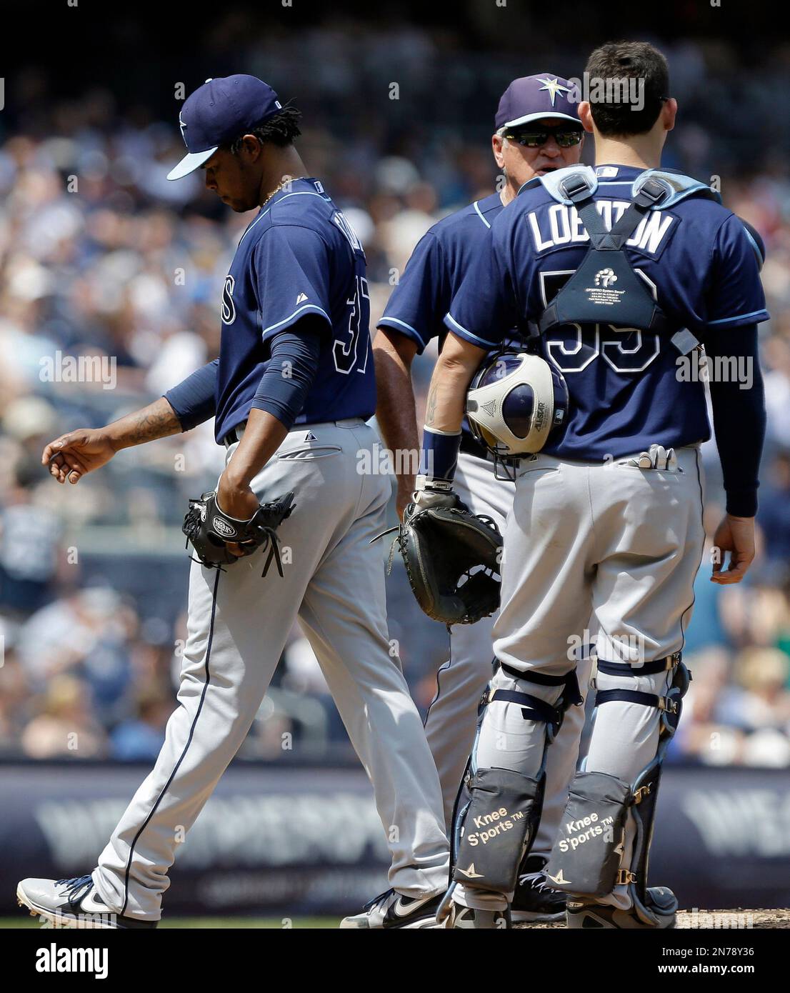 Tampa Bay Rays starting pitcher Alex Colome leaves the game during the ...