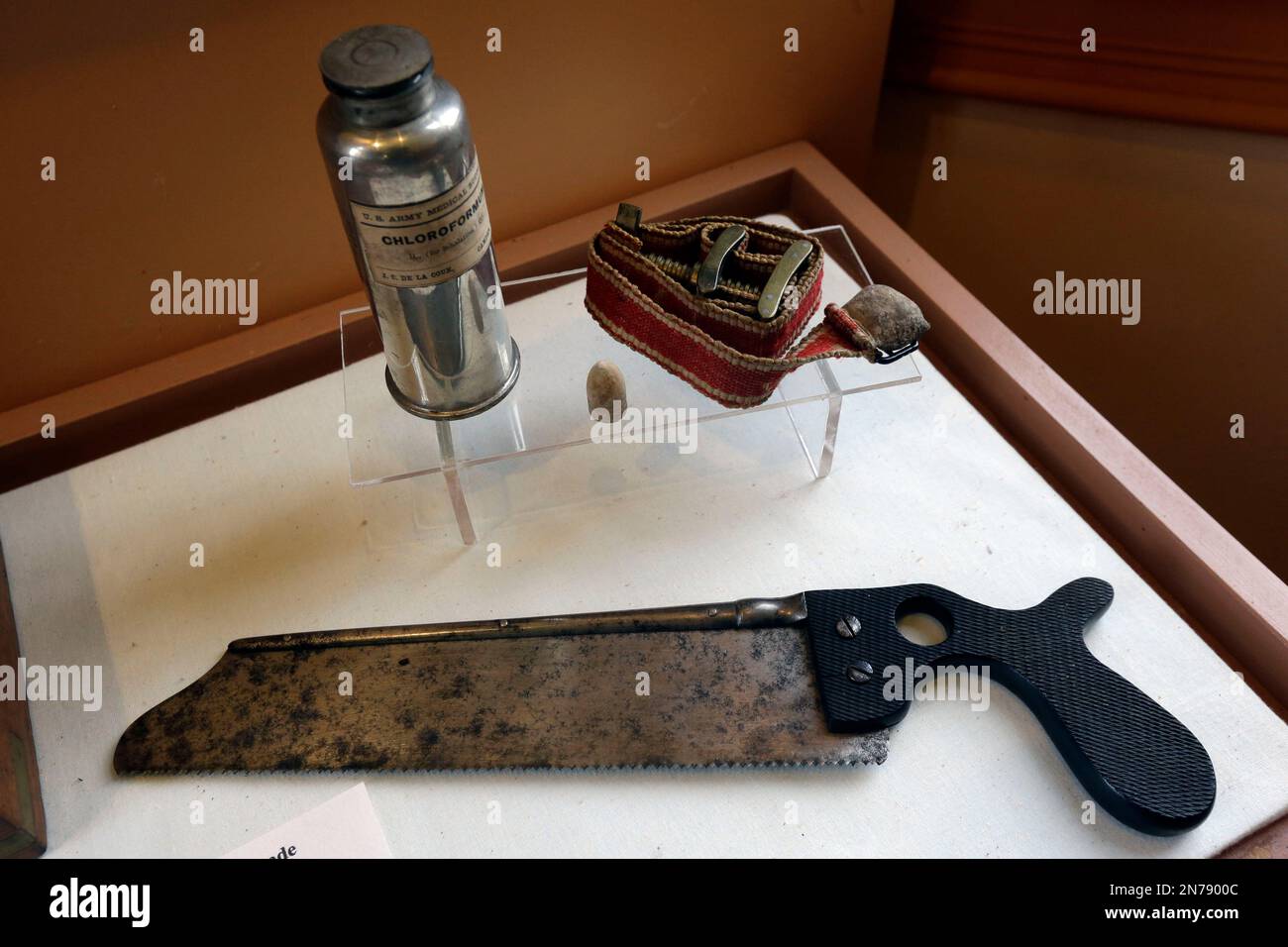 Shown are Civil War era "Chloroformum," tourniquet and saw, at the Pry ...