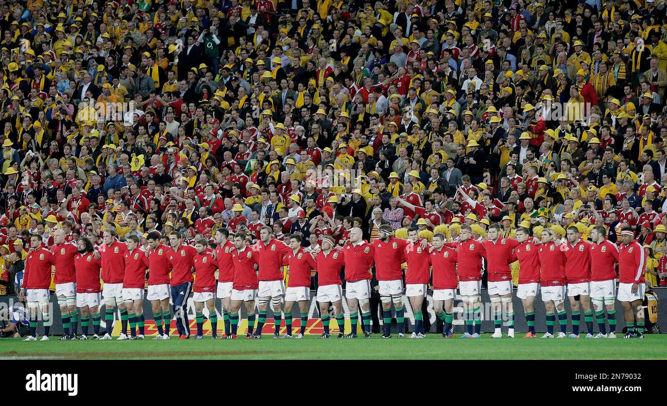 British and Irish Lions players line up for the National anthem during ...