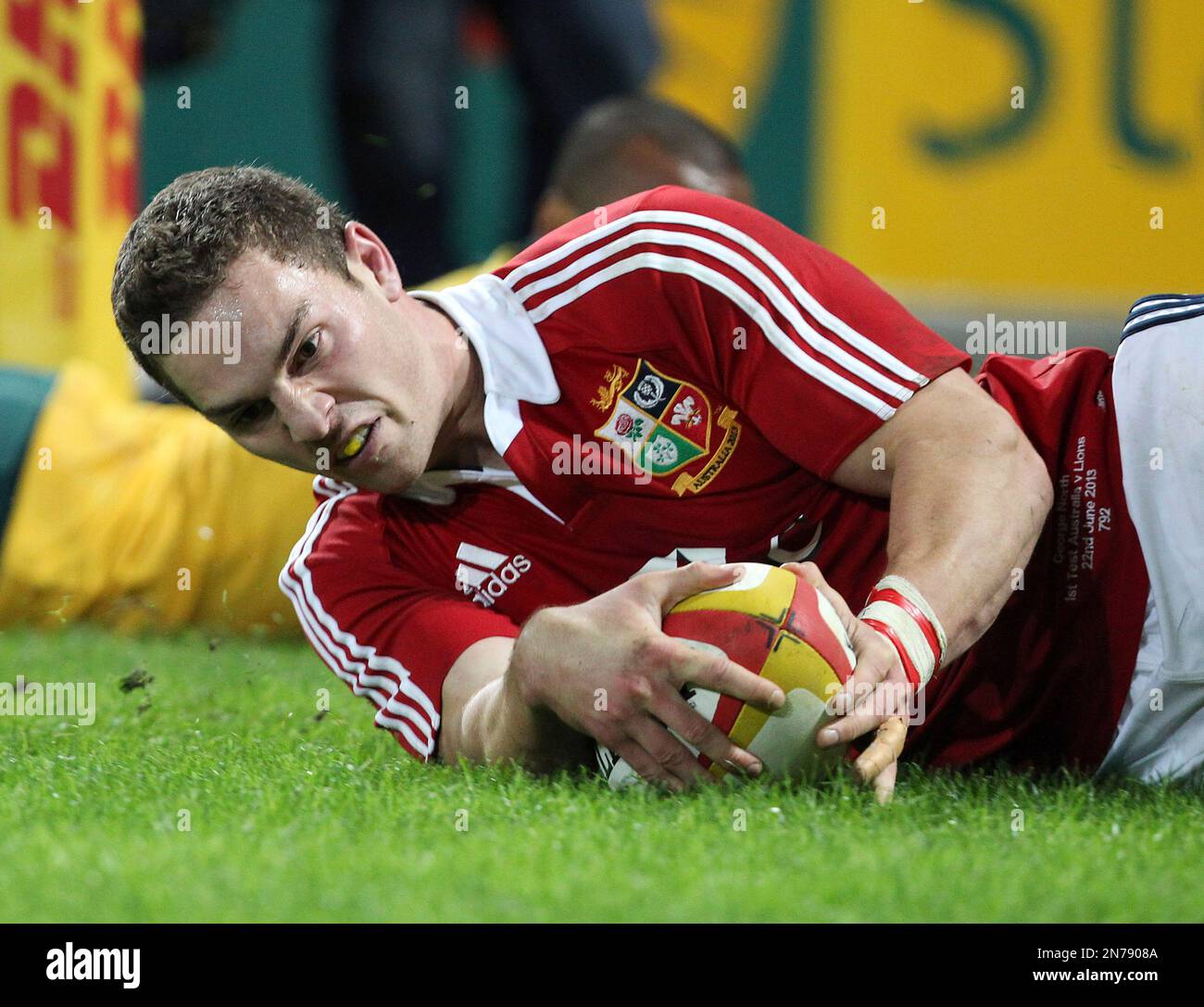 George North of the British and Irish Lions scores a try during the ...