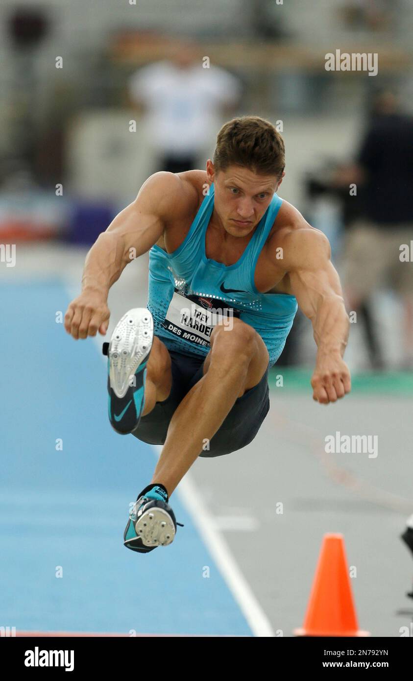 Trey Hardee leaps to the pit during the senior men's decathlon long ...