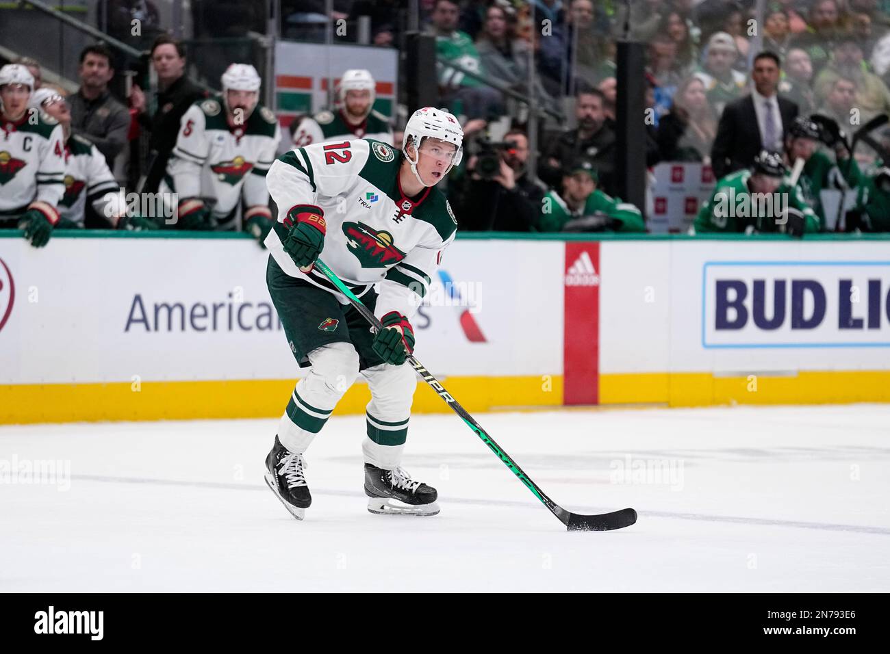 Minnesota Wild left wing Matt Boldy (12) controls the puck during an ...